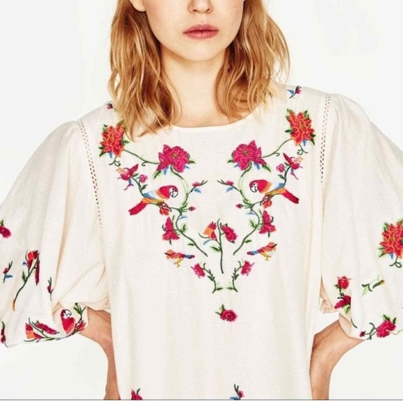 Zara | Dresses | Zara Parrot Embroidered Floral White Sundress | Poshmark